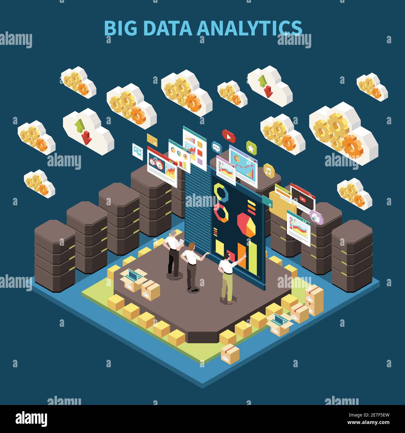 Isometric big data analytics composition with team on brainstorming and data clouds in the air ...
