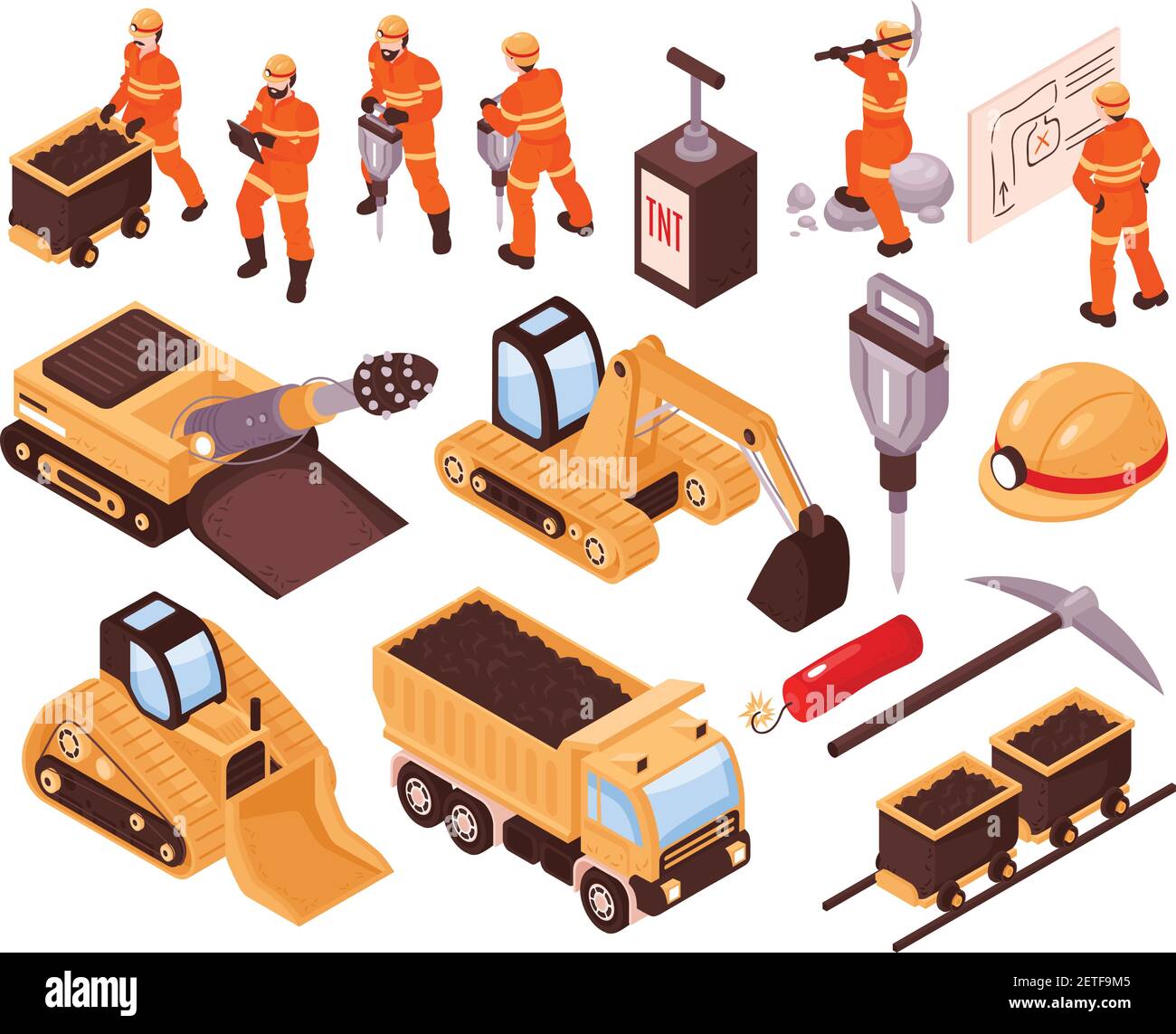 Isometric set of icons with mining machinery and miners isolated on ...
