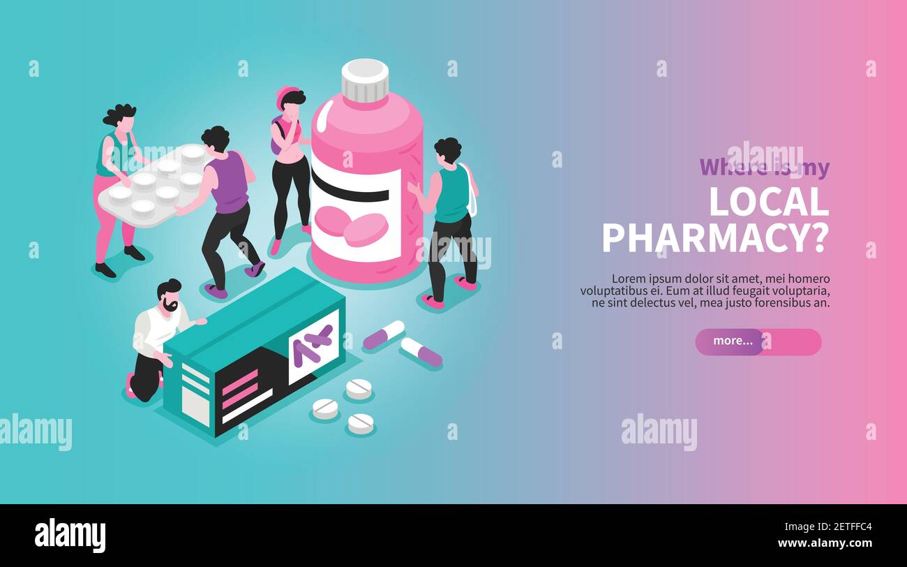 Isometric horizontal pharmacy banner with people holding drug packages ...