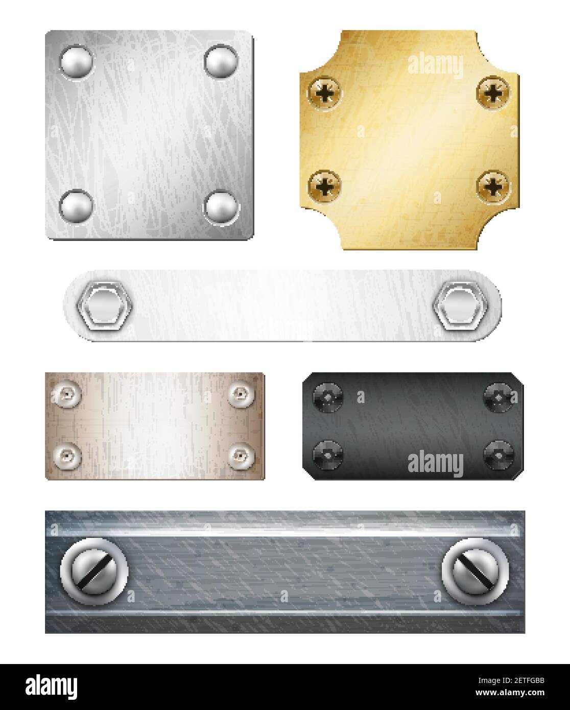 Set of realistic metal plates of various shape and color with fasteners ...