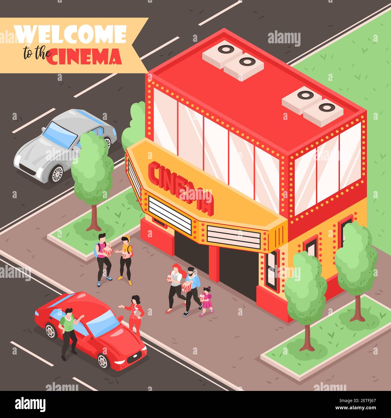 Isometric movie cinema composition with outdoor view of city street ...