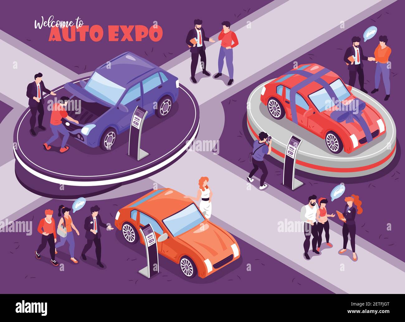 Isometric car showroom background with human characters of people with ...