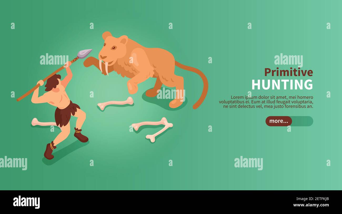 Isometric primitive people caveman banner with text slider button ...