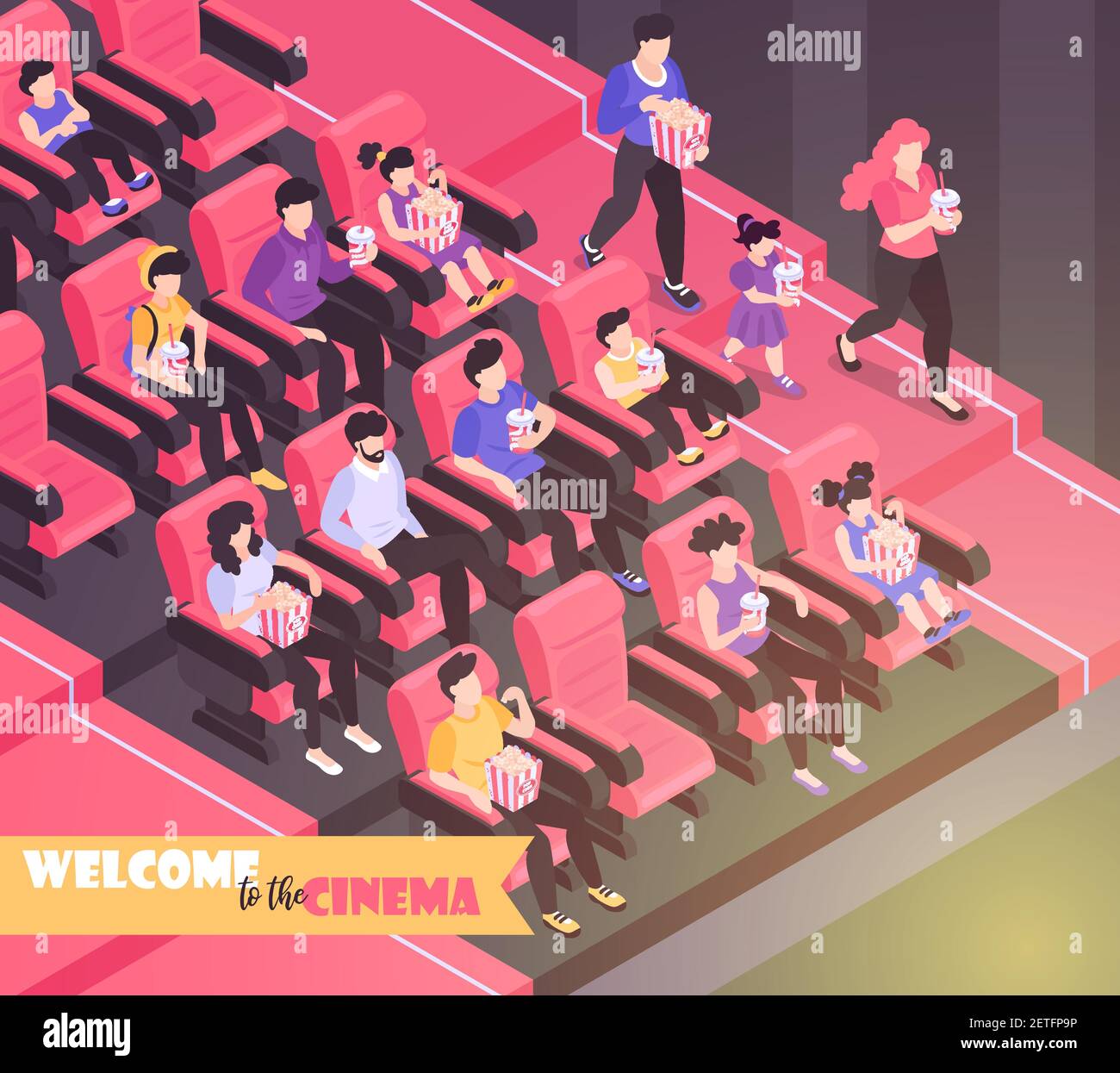 Isometric movie cinema composition background with indoor view of movie ...