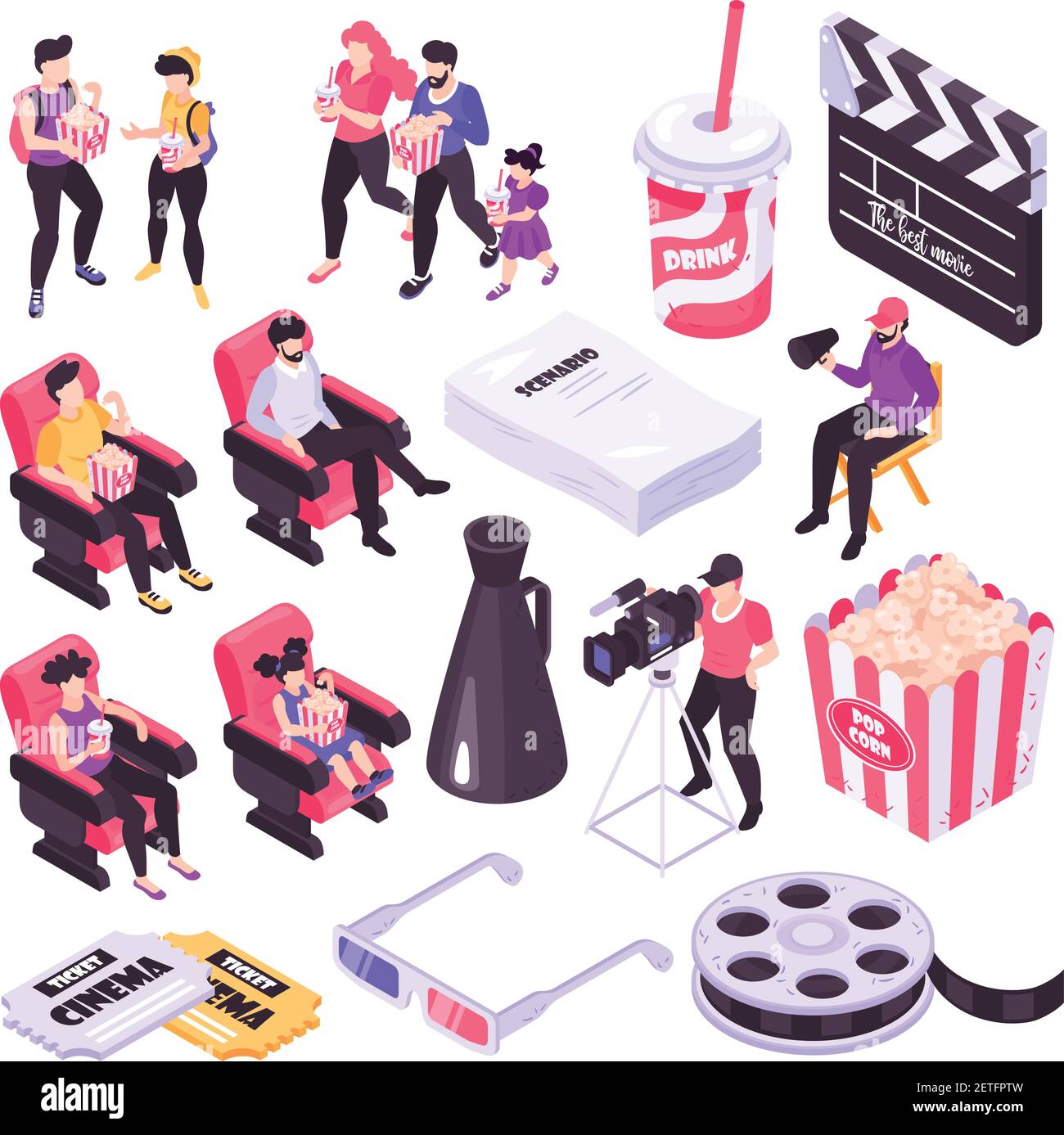 Cinema and movie shooting isometric icons set isolated on white ...