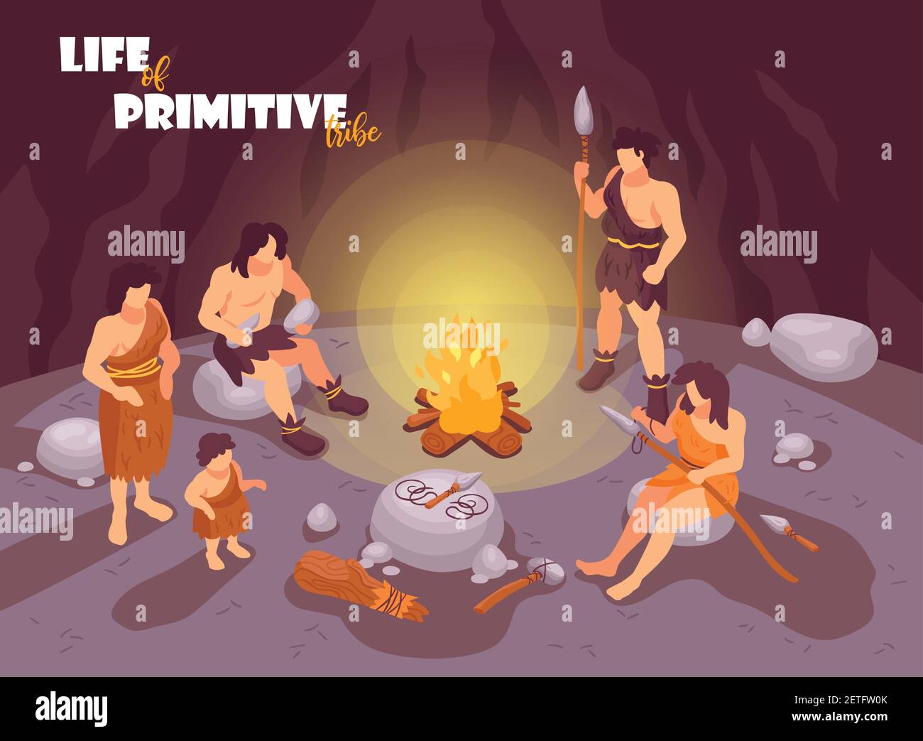 Isometric primitive people caveman composition with cave scenery ...