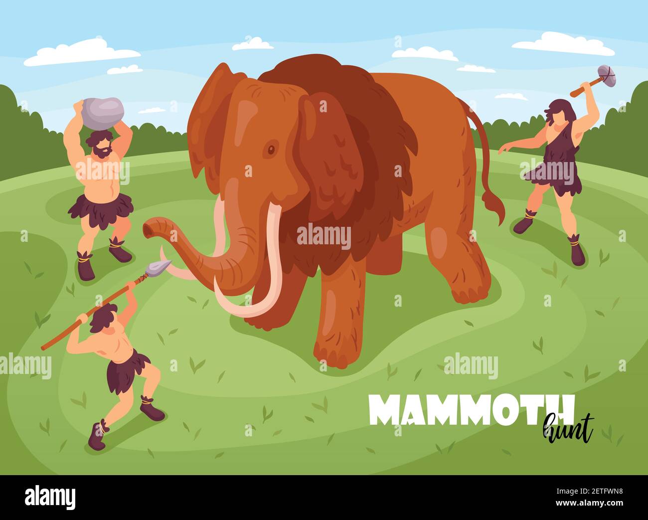 Isometric primitive people caveman hunting background composition with ...