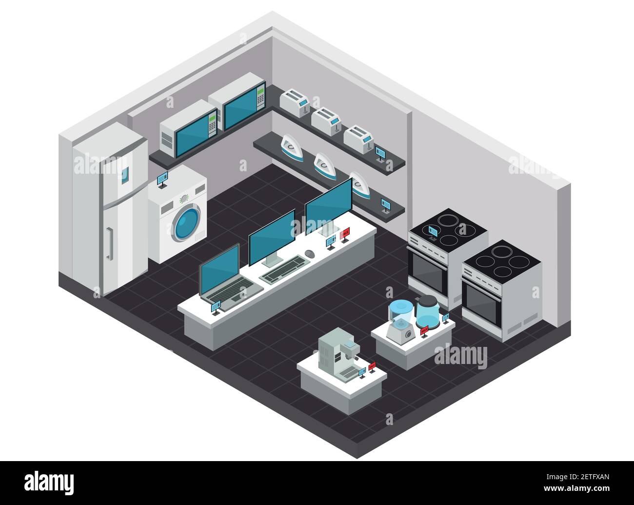 Consumer electronics store interior isometric background with small and ...