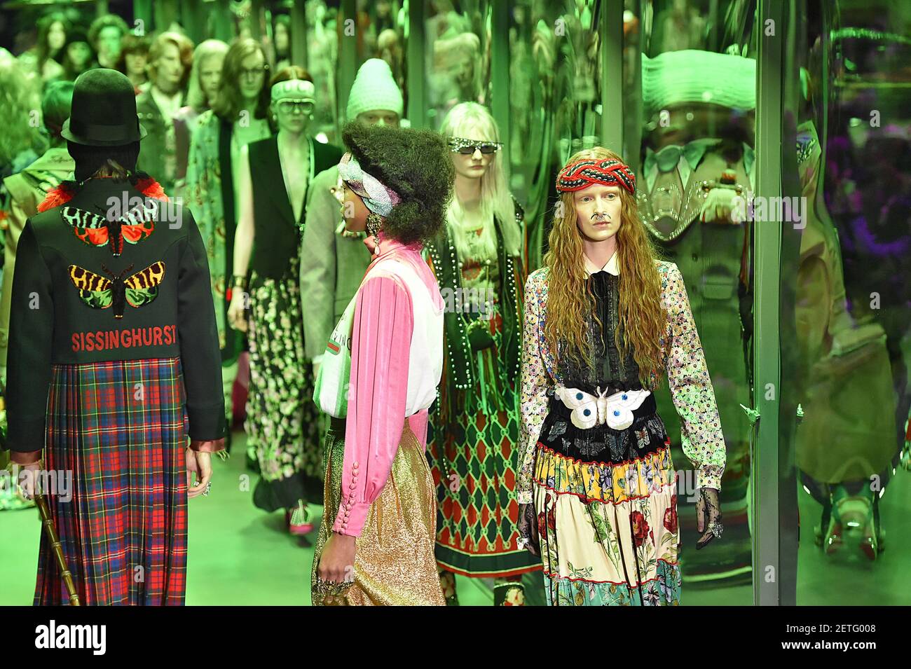 A model walks on the runway during the Gucci Fashion Show at FW17 held ...