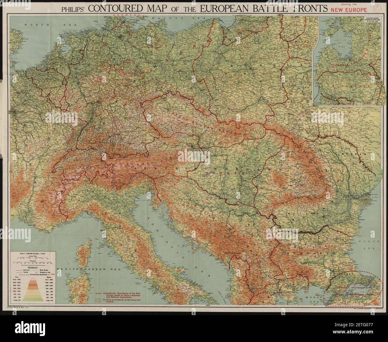 Philips' contoured map of the European battle fronts showing the new ...
