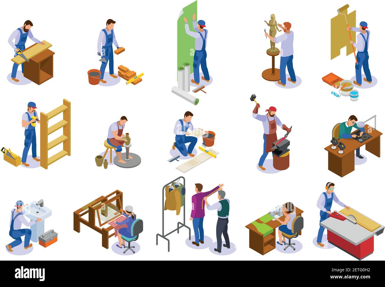 Craftsman isometric icons set with hand loom weaver carpenter sculptor ...