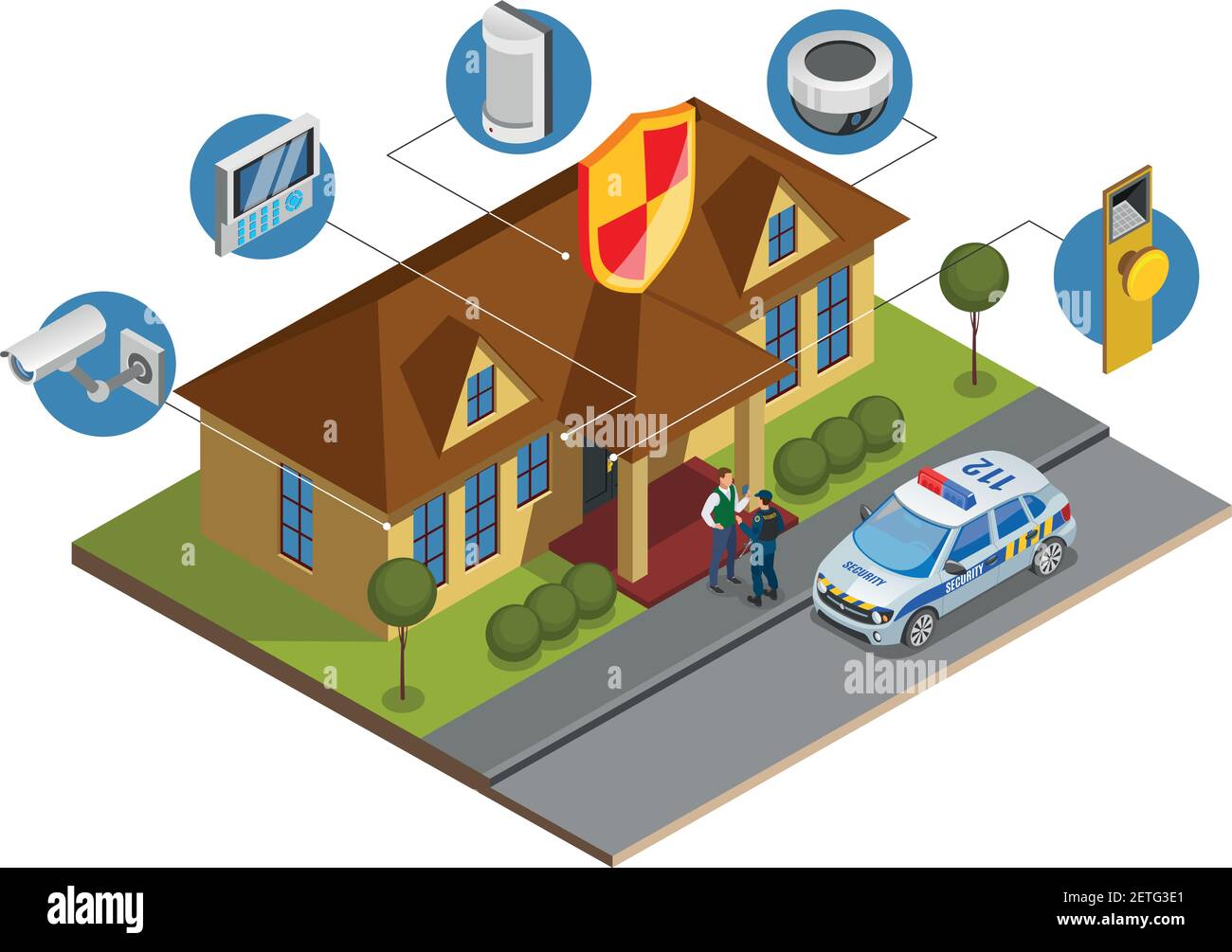 Security system installation isometric composition with building ...