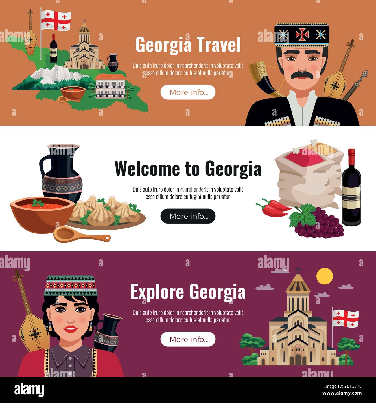 Georgia travel flat horizontal banners website design with national ...