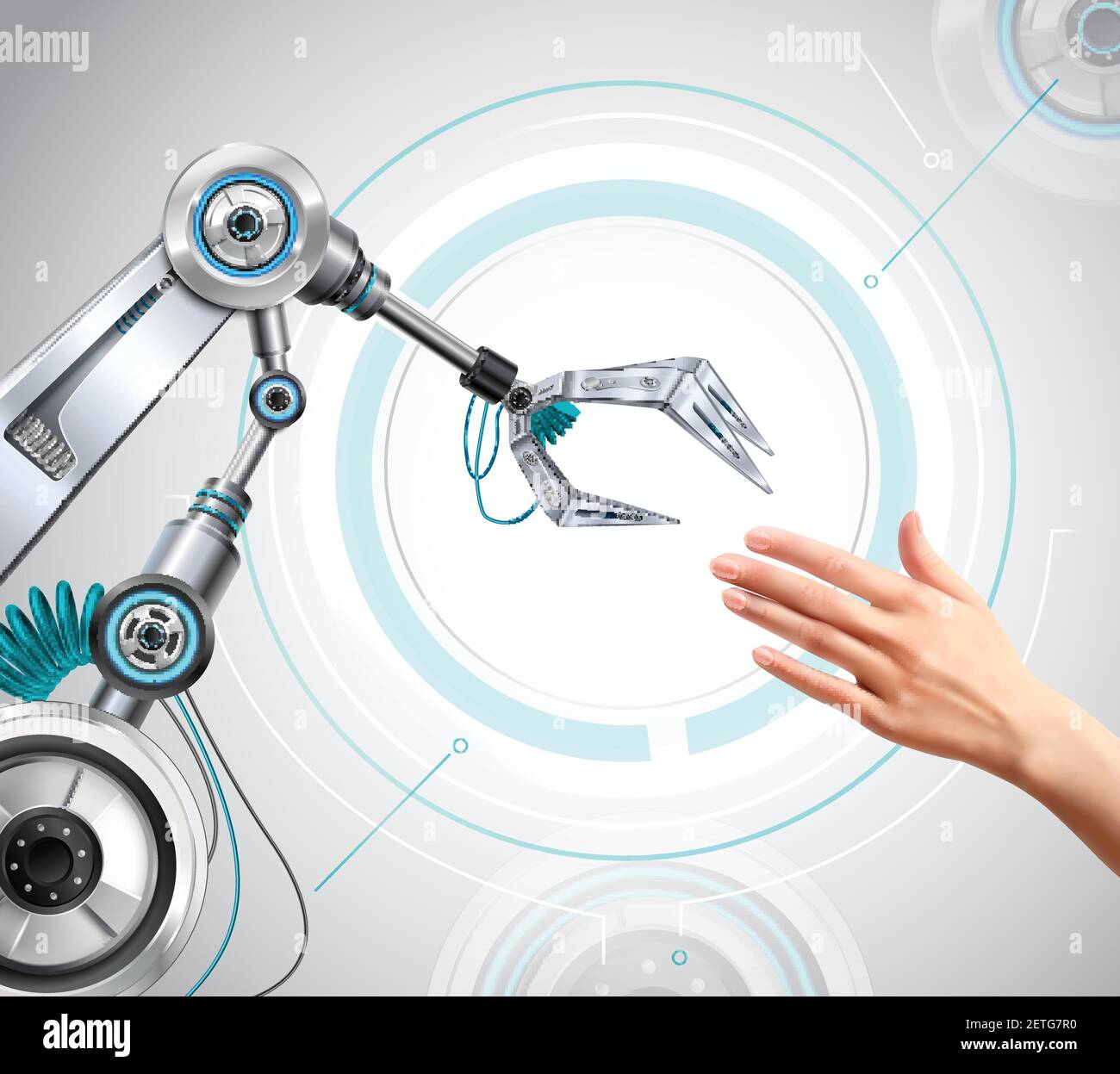 Robotic arm and human hand reaching out to one another realistic ...