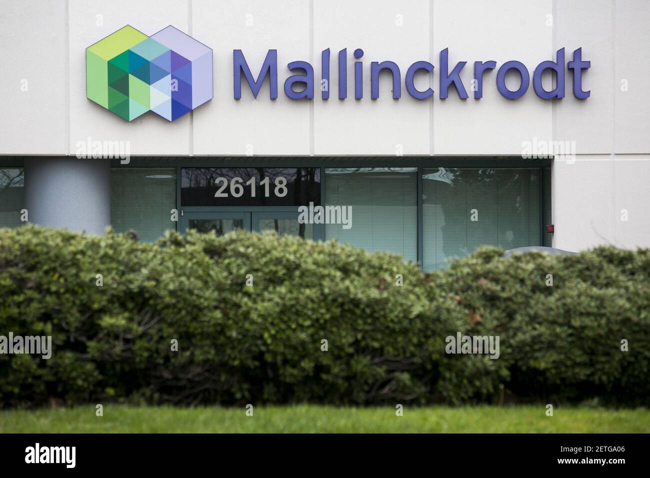 A logo sign outside of a facility occupied by Mallinckrodt ...