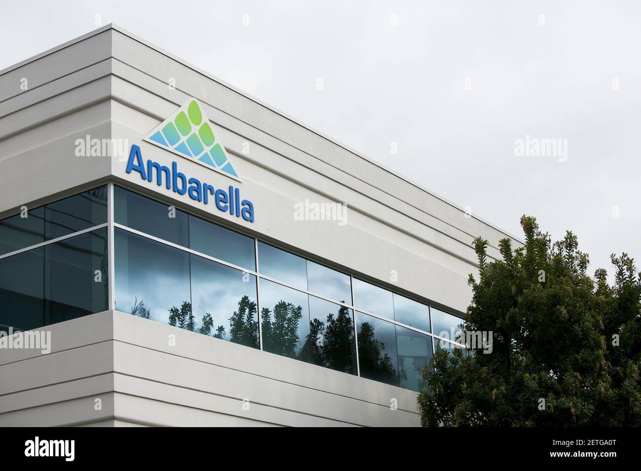 A logo sign outside of the headquarters of Ambarella, Inc., in Santa ...