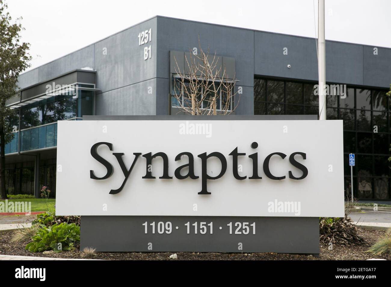 A logo sign outside of the headquarters of Synaptics in San Jose, California, on February 18 ...
