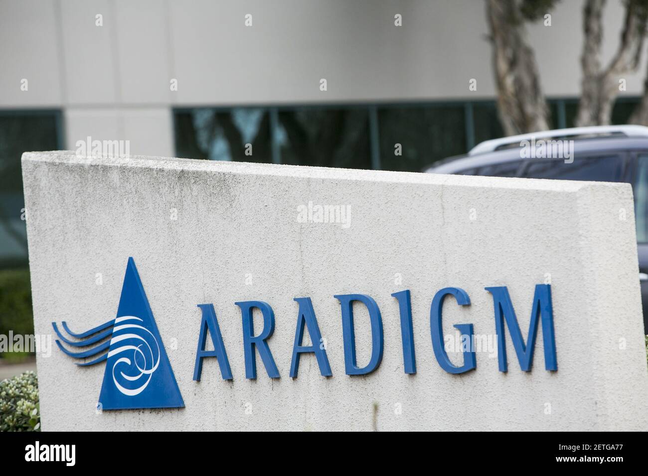 A logo sign outside of the headquarters of Aradigm in Hayward ...