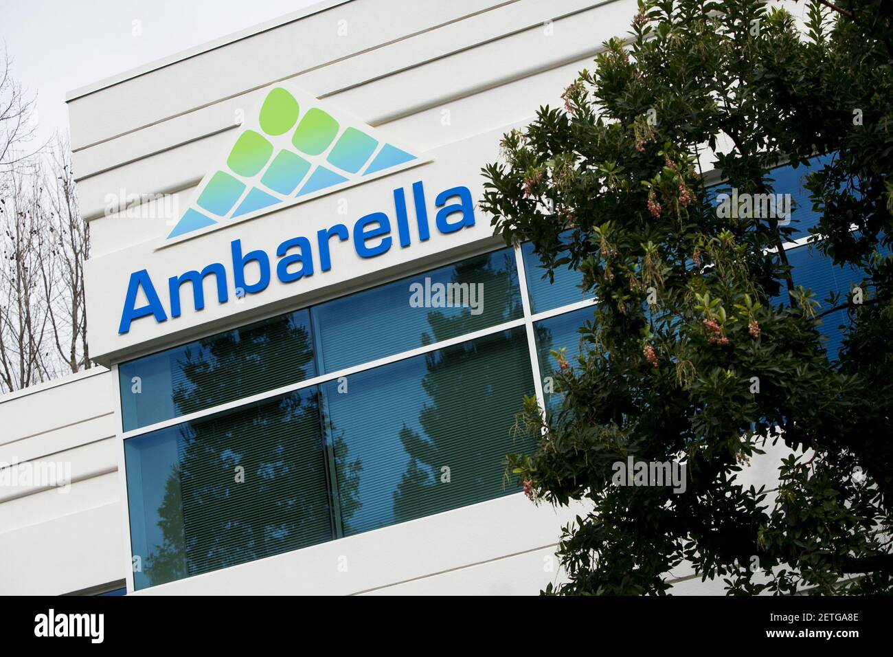 A logo sign outside of the headquarters of Ambarella, Inc., in Santa ...