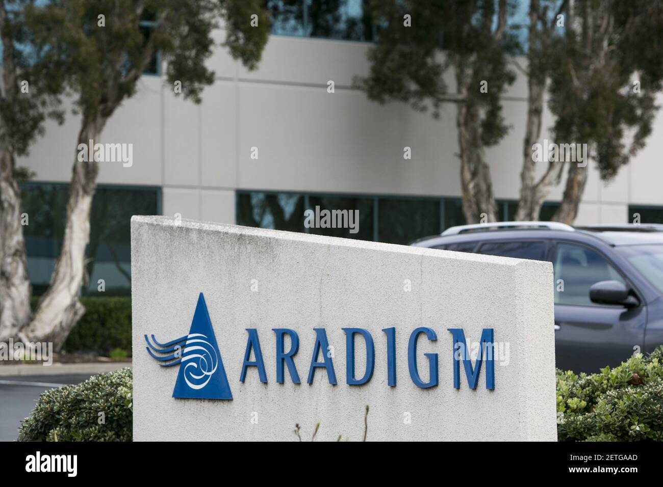 A logo sign outside of the headquarters of Aradigm in Hayward ...
