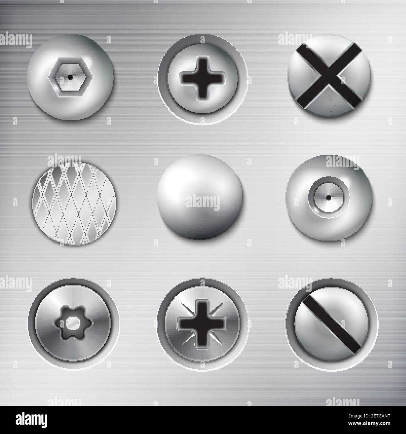 Set of realistic attached fasteners screws bolts nails on metal texture ...