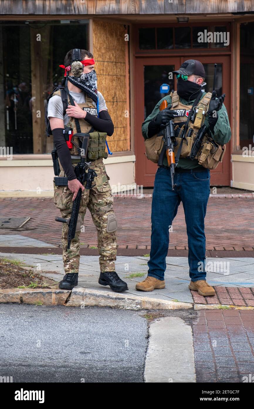 Stone Mountain, GA, USA. 15th Aug, 2020. Armed protesters protest ...