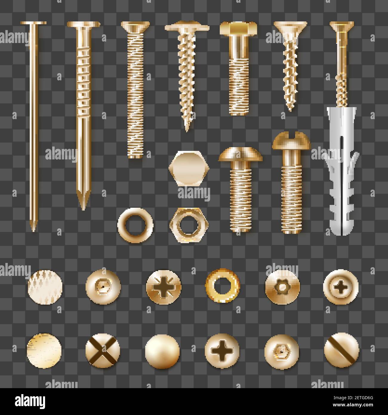 Set of realistic metal golden fasteners isolated on transparent ...