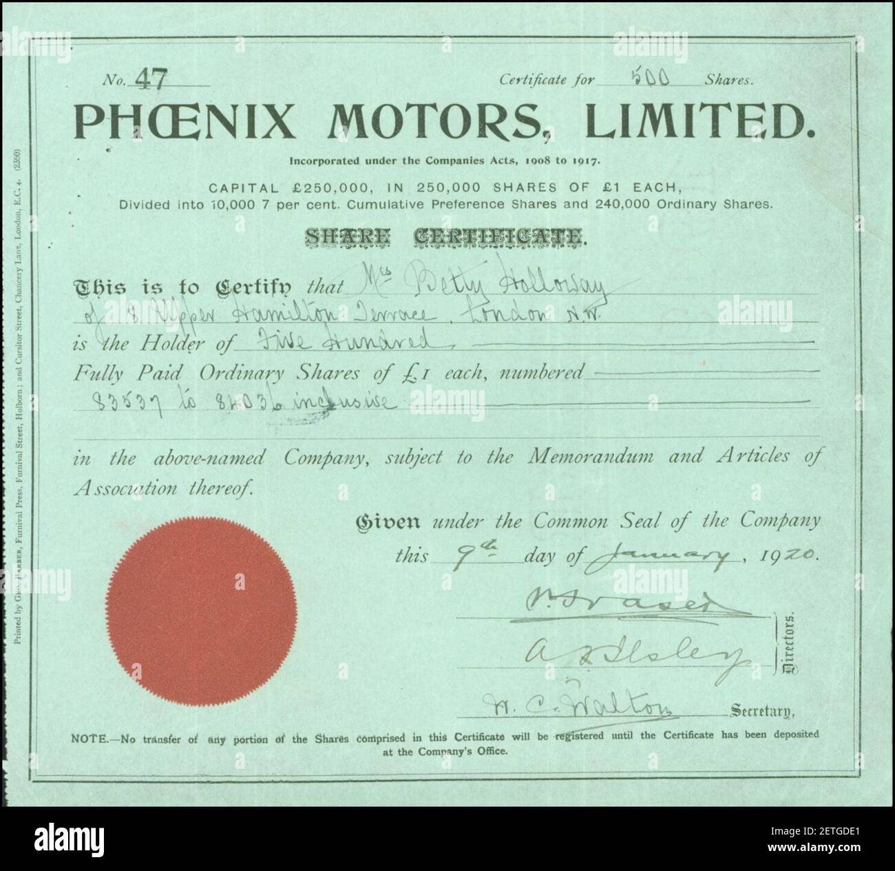 Phoenix Motors Ltd 1920 Stock Photo - Alamy