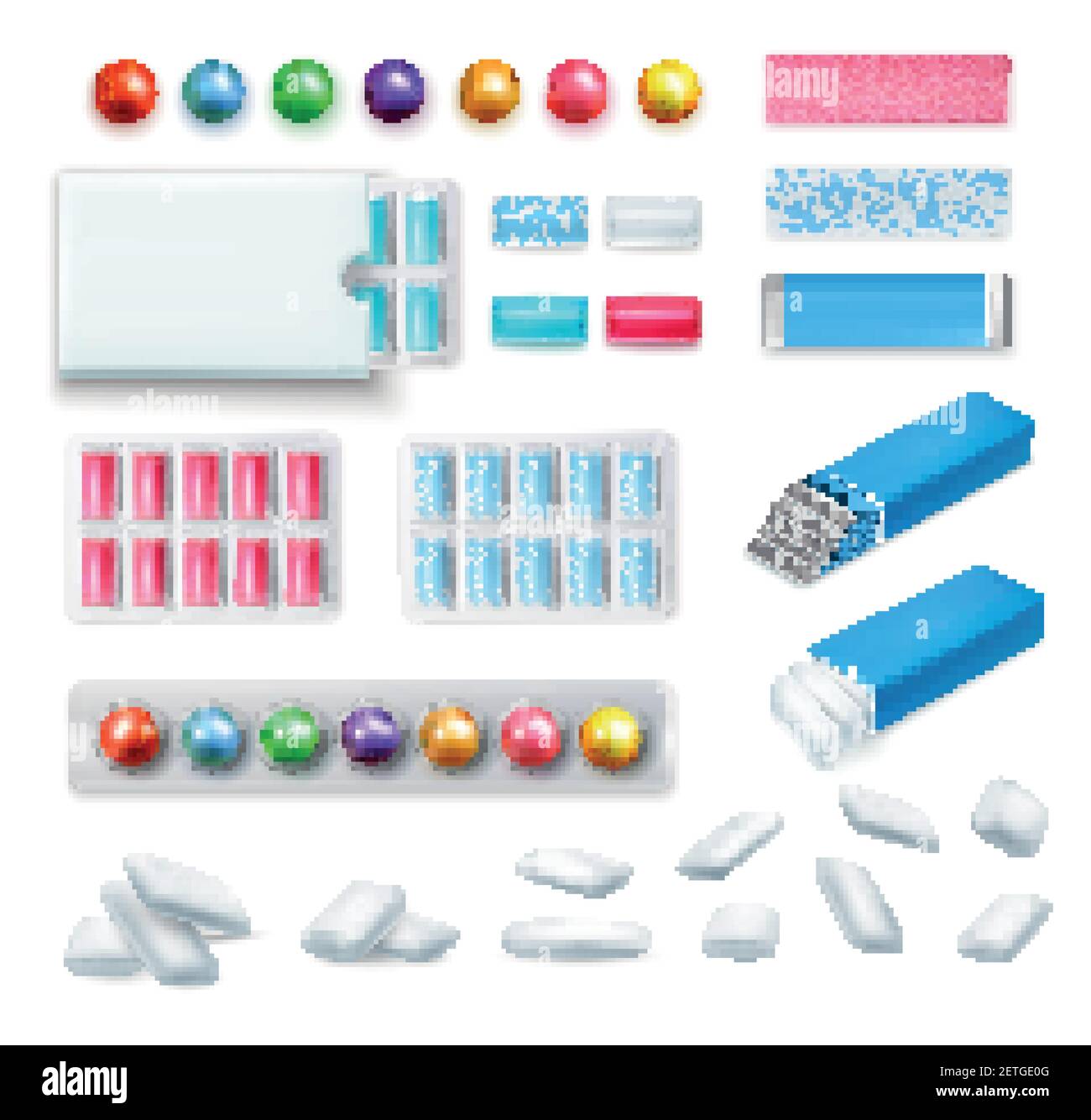 Set of realistic chewing gum of various shape and color in packaging ...