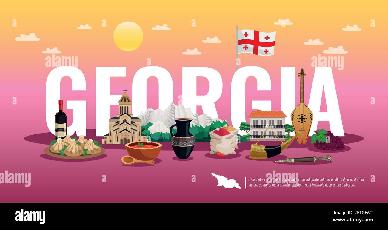 Georgia travel horizontal flat composition poster with national flag ...