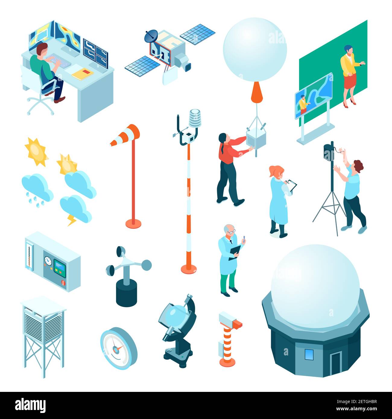 Meteorological center set of isometric icons with weather measuring ...