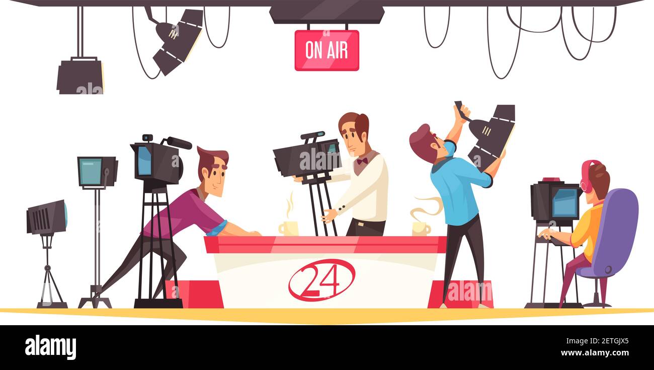 Social media cartoon composition with journalist in front of monitor ...