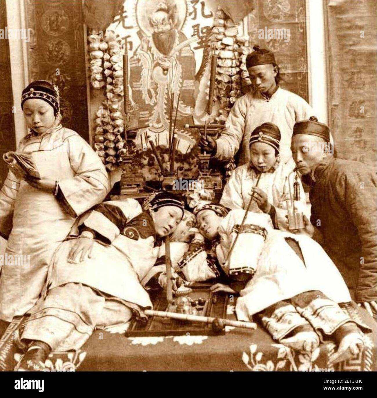 Photo depicting opium smoking was posed in a studio for a stereoview ...