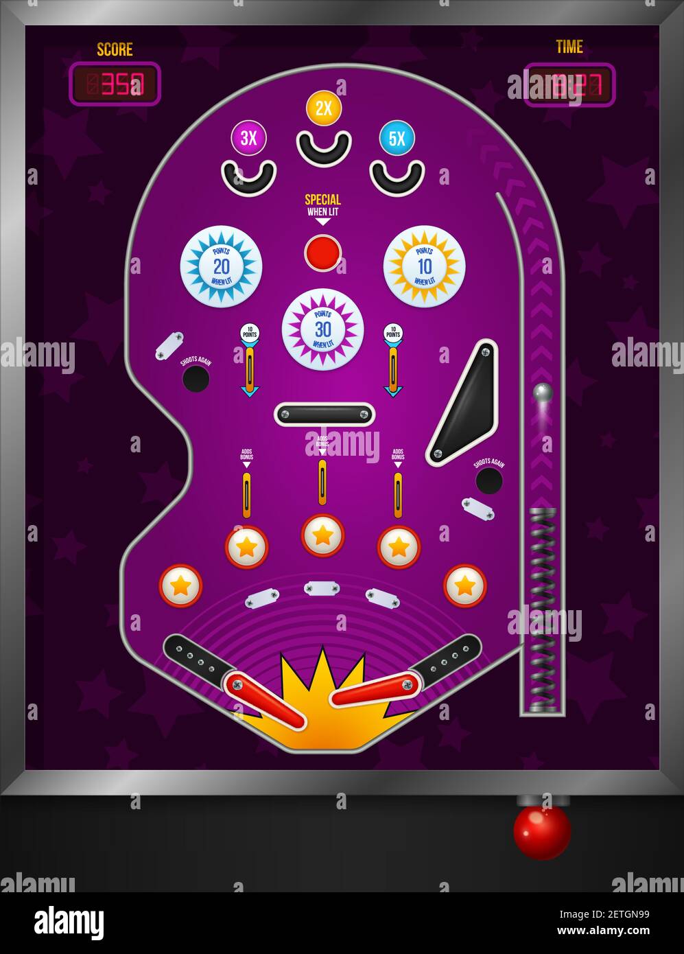 Cartoon and violet pinball composition top view with electronic ...