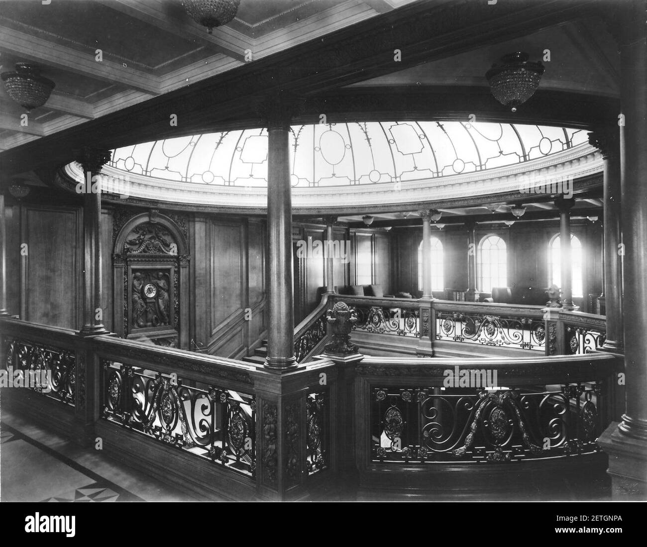 Photograph of Olympic's Grand Staircase with the crystal dome and the ...