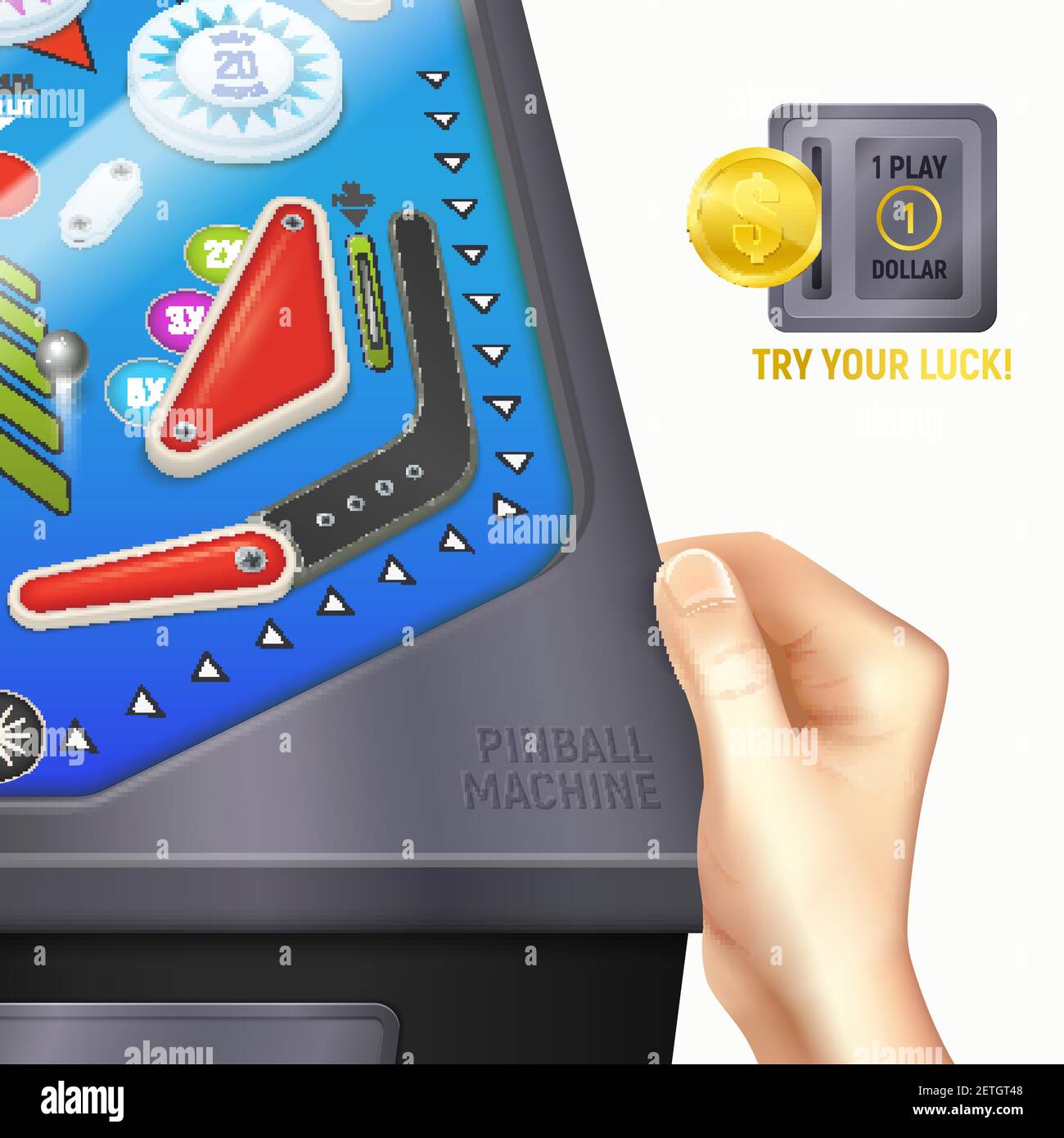 Colored cartoon pinball desk composition with hand of boy or girl on ...