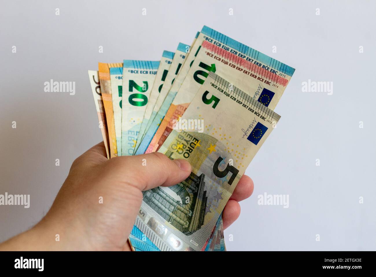 Pay in euros. Get euros from your wallet. Euro bills on a white ...