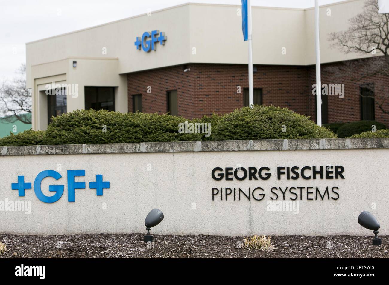 A logo sign outside of a facility occupied by Georg Fischer Piping Systems in Easton ...