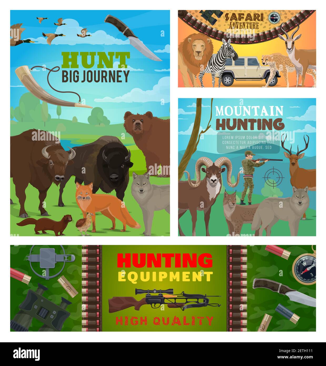 Hunting sport animals, hunter equipment and safari vector design. Wild ...