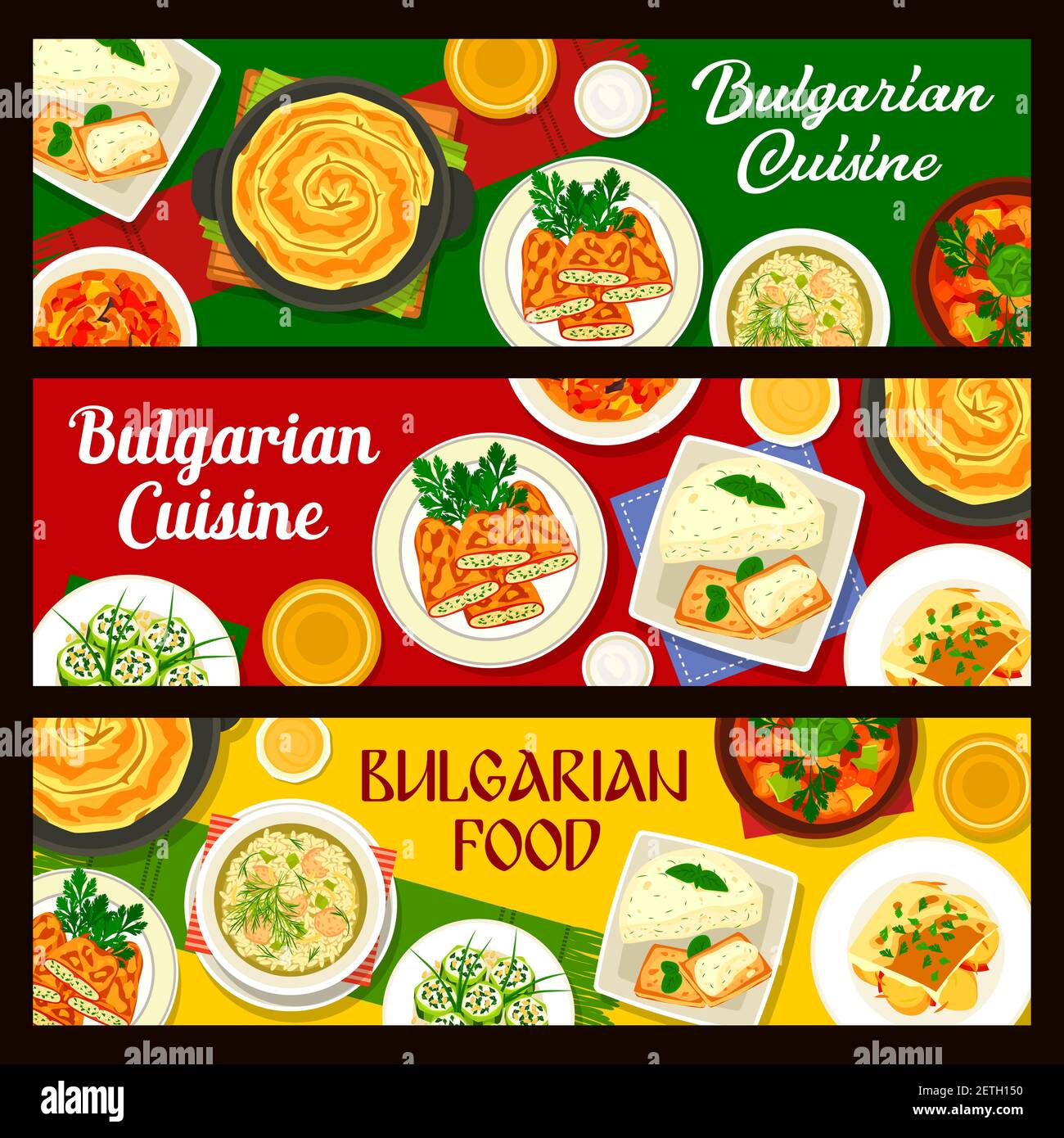Bulgarian cuisine vegetable food with meat and fish vector banners ...