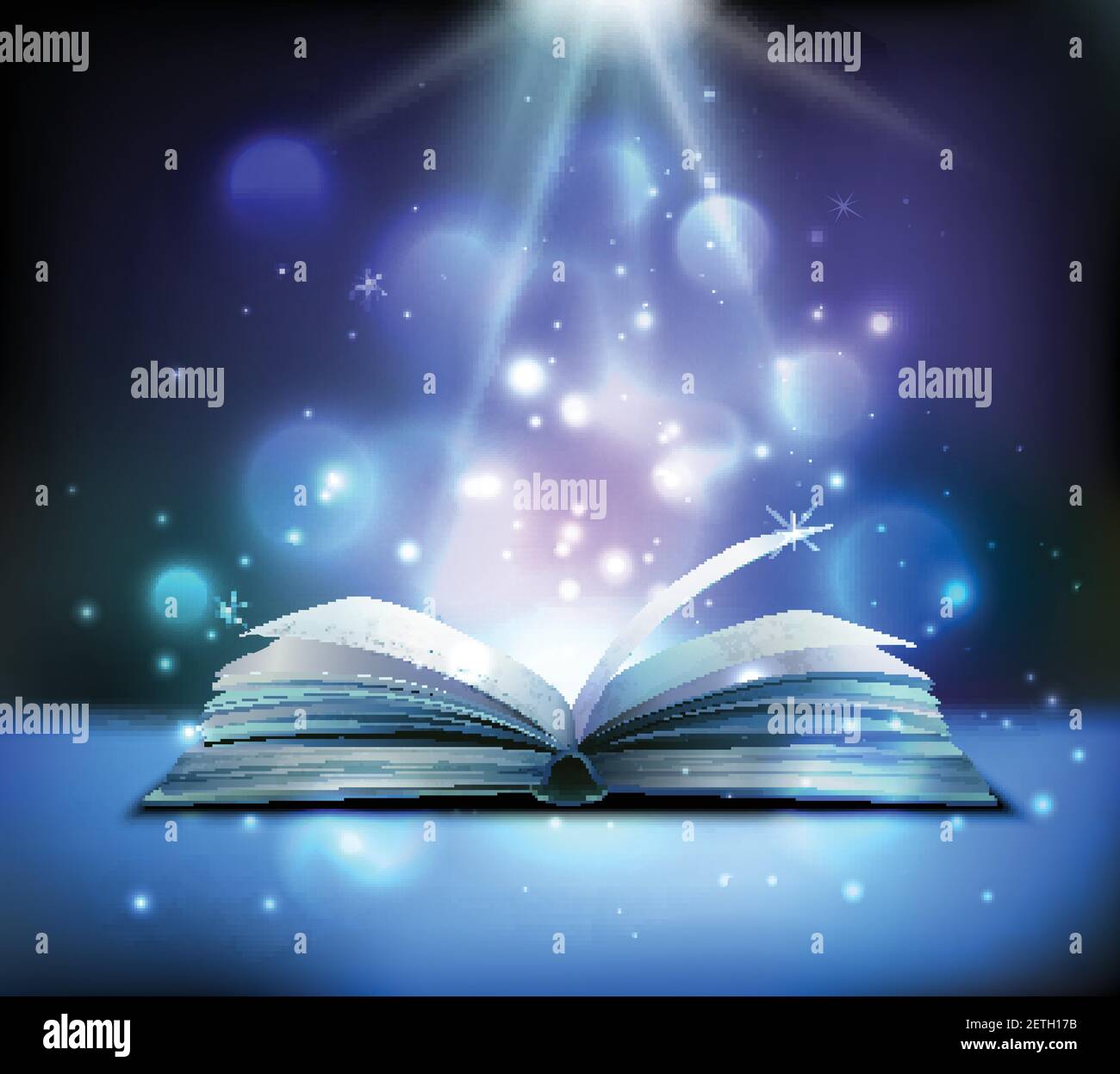 Opened magic book realistic image with bright sparkling light rays ...