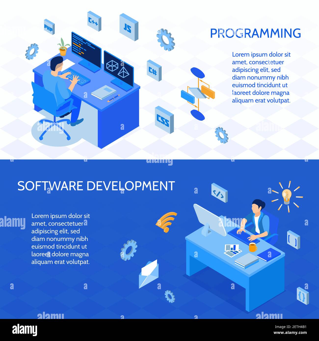 Set Of Horizontal Isometric Banners Programmers During Coding And Development Of Software