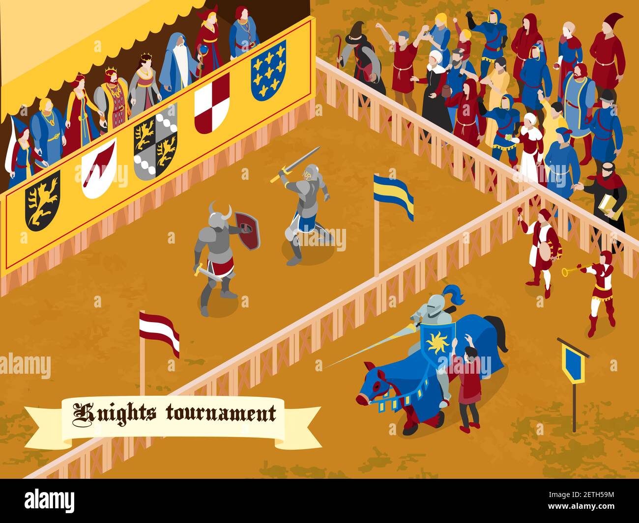 Colored and isometric medieval composition with knights tournament ...