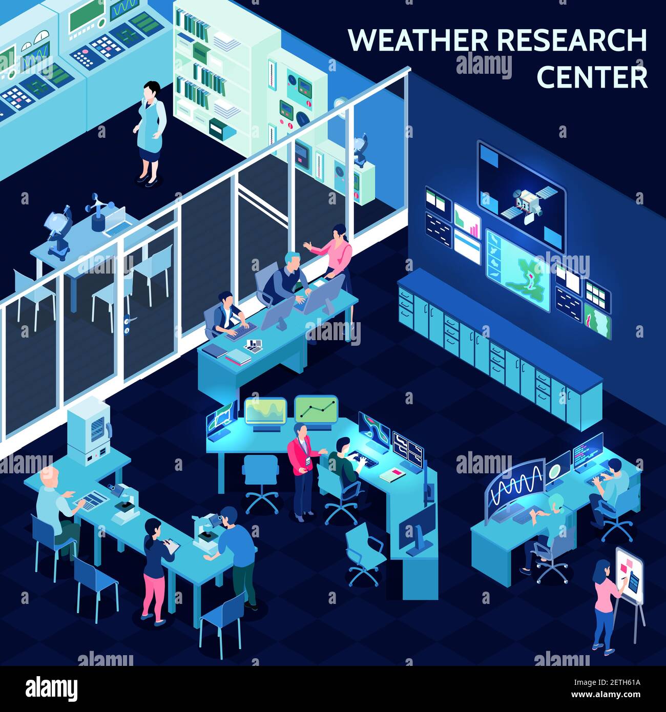 Colored isometric meteorological weather center composition with office ...