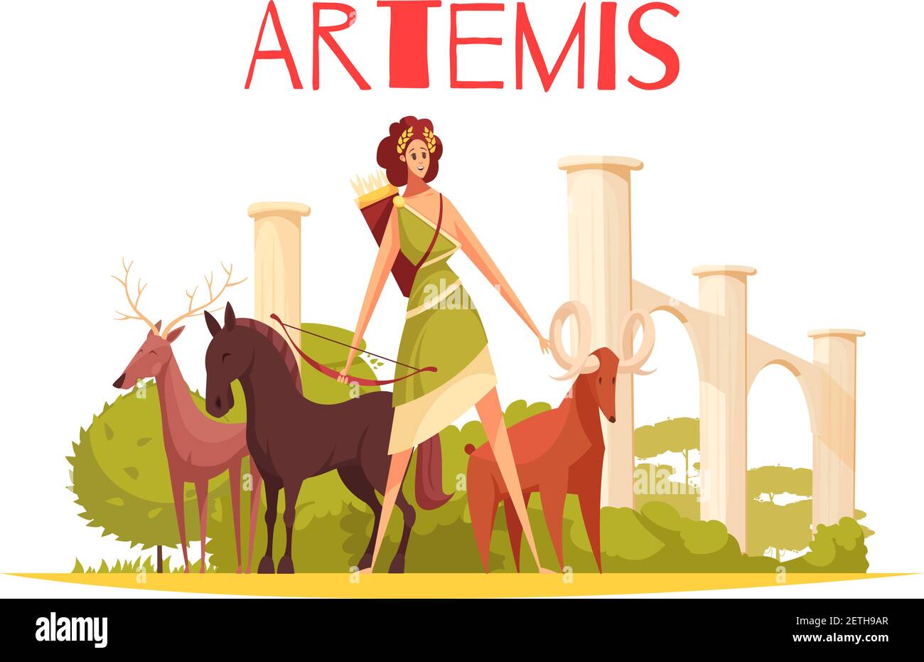 Greek goddess flat composition with cartoon characters of artemis ...