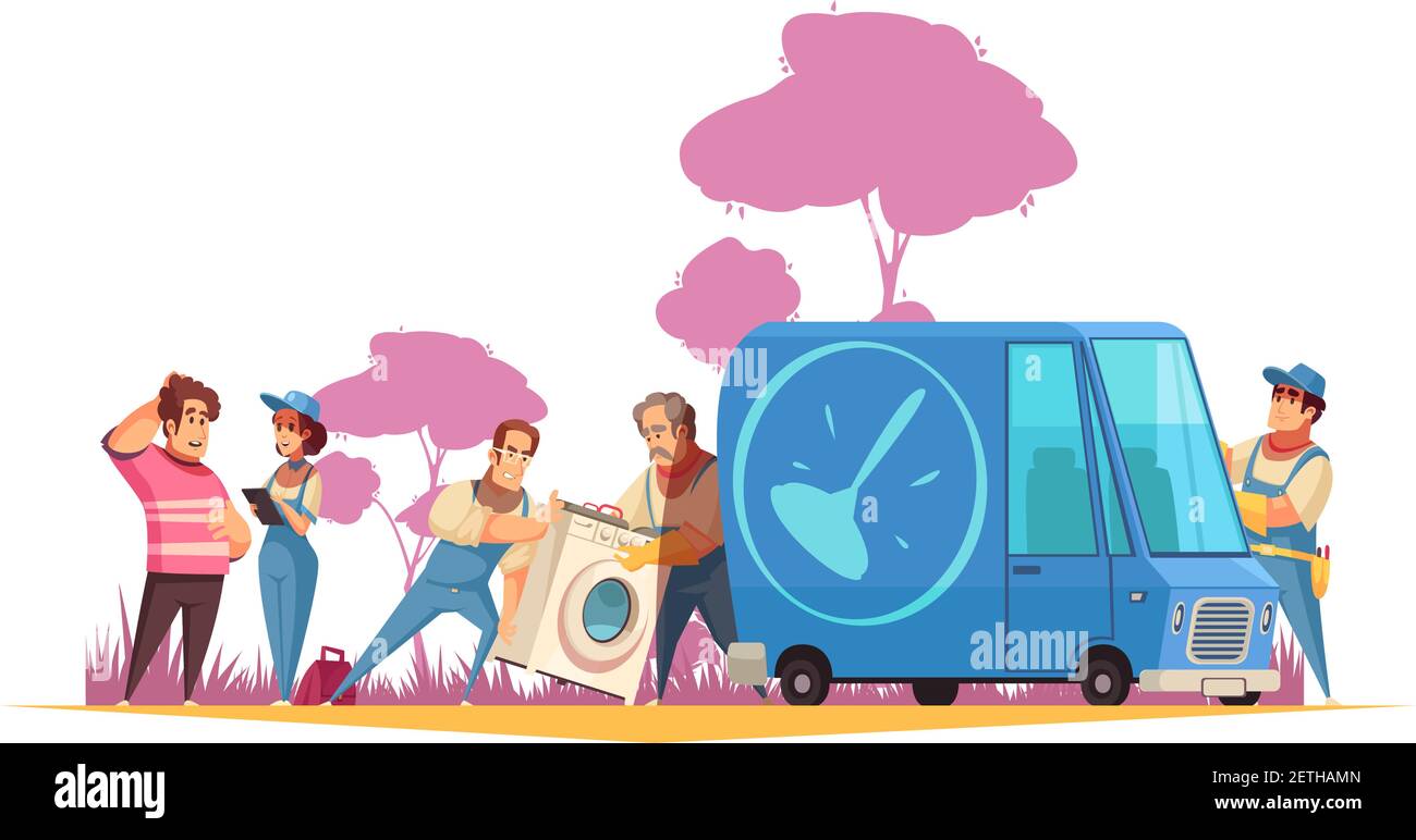 Flat composition with plumbers transporting washing machine to service ...