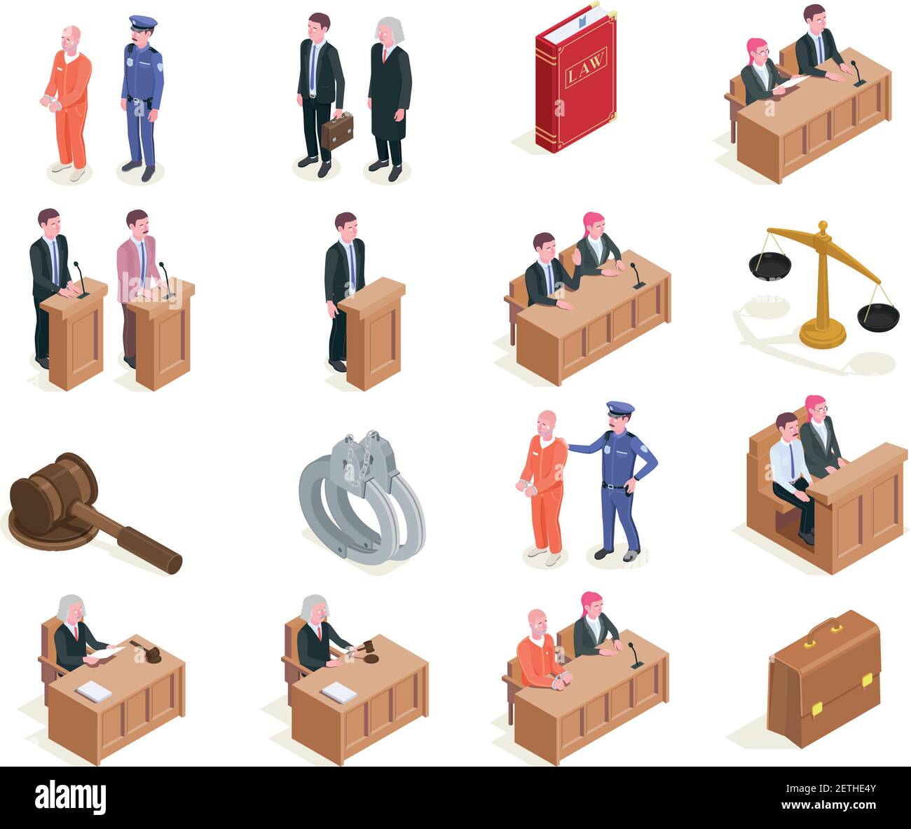 Law justice isometric icons collection of sixteen isolated images with ...