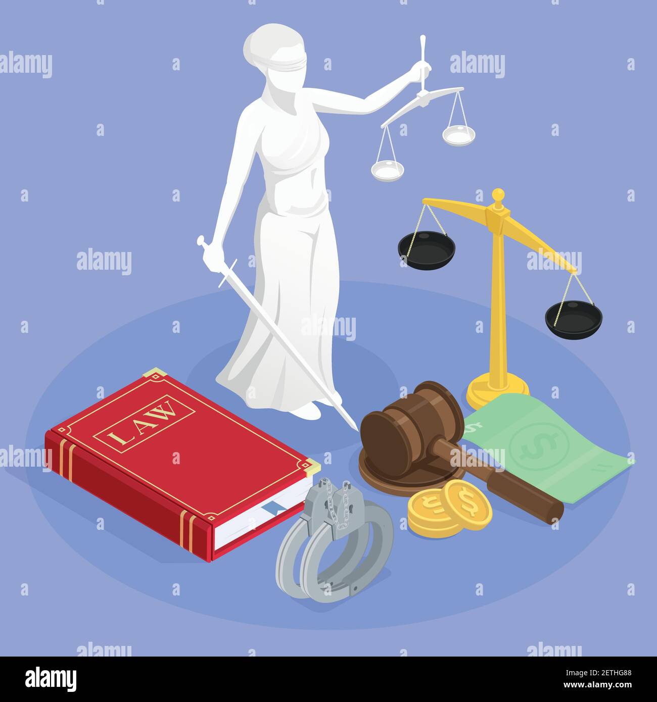 Law justice isometric composition with statue of themis book of law ...