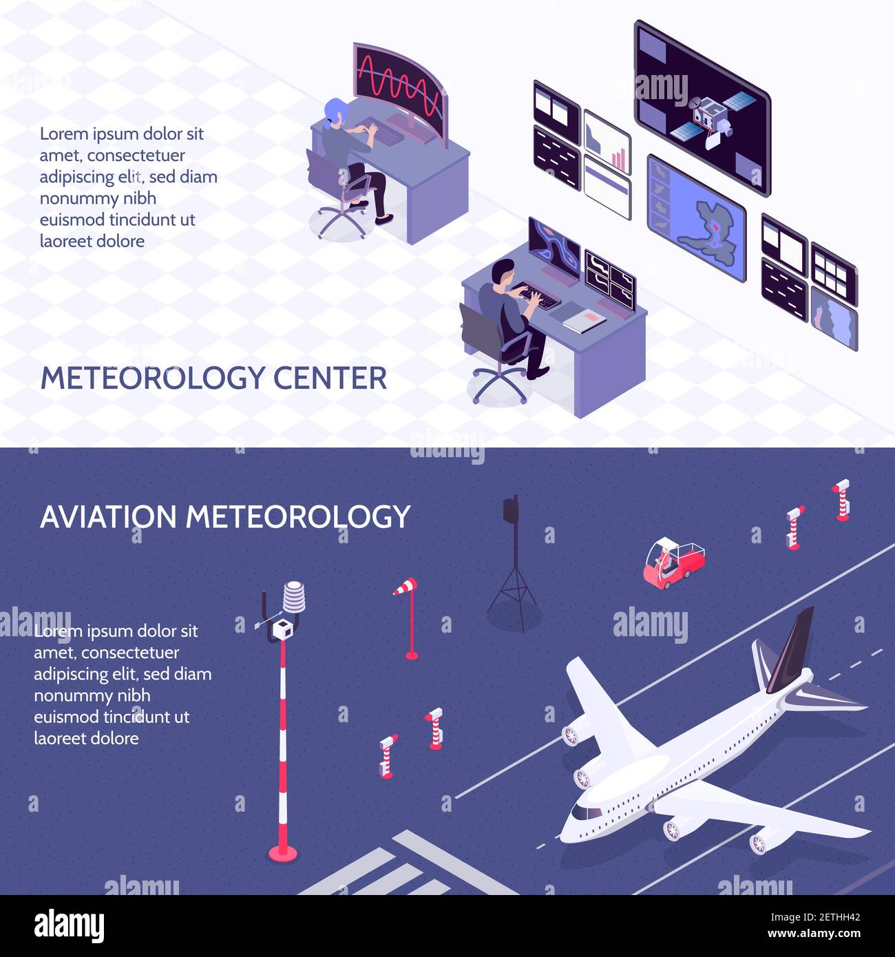 Two horizontal isometric meteorological weather center banner set with ...