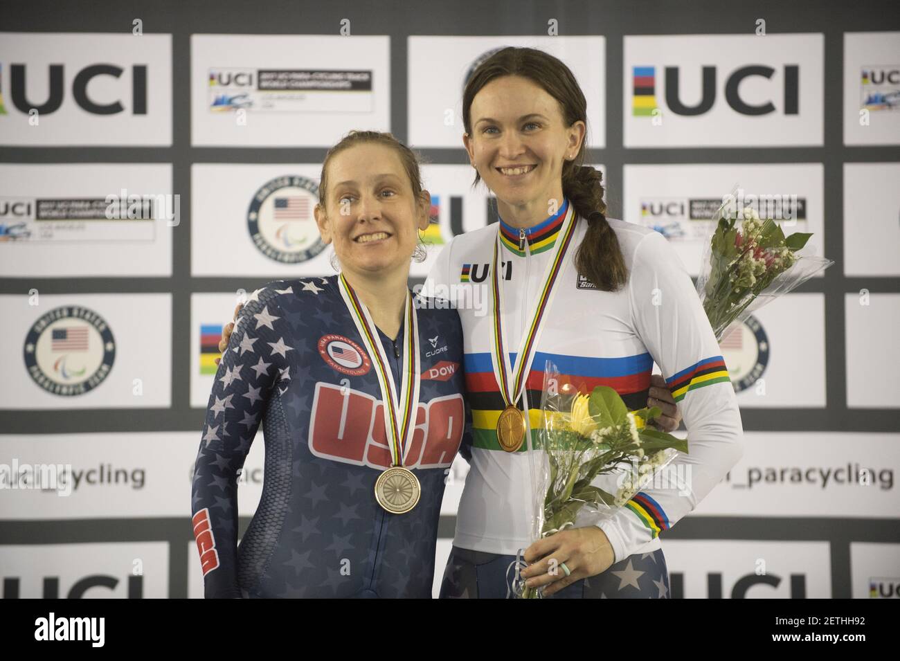 Team USA's Samantha Bosco(R) on the podium, winner of the women's 3 km ...